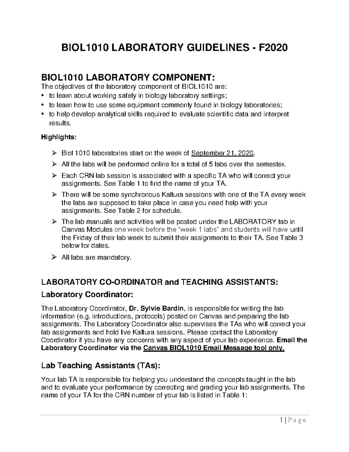 BIOL1010 Laboratory Guidelines- FALL 2020-Updated - BIOL1010 LABORATORY ...