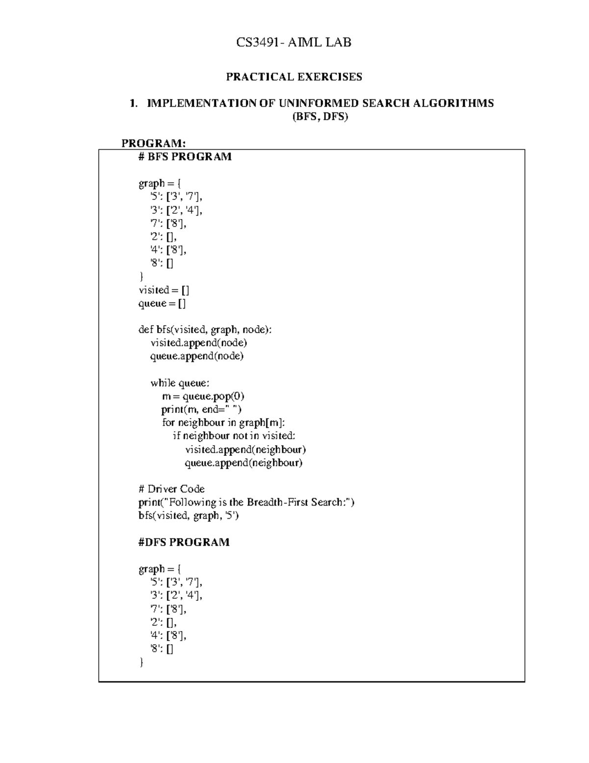 Practical Exercises -AIML (1) (10) - PRACTICAL EXERCISES 1. IMPLEMENTATION OF UNINFORMED SEARCH ...