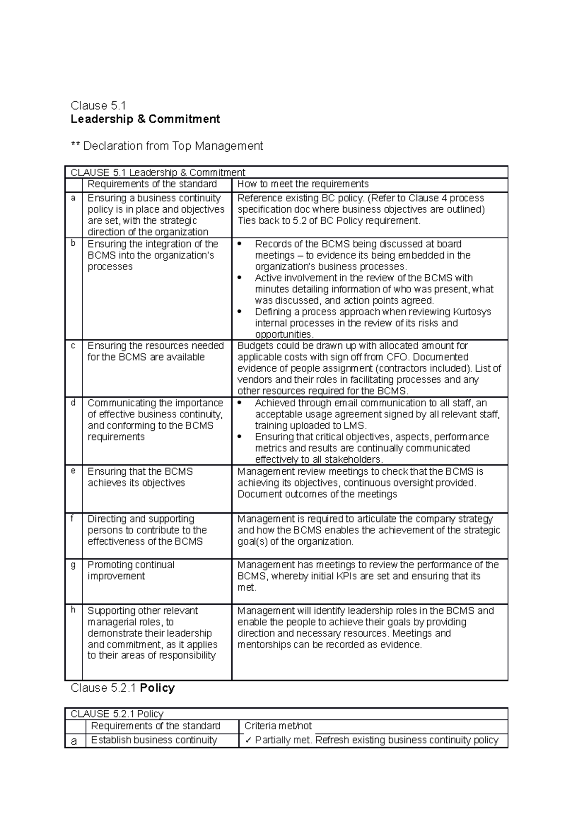 Clause 5 Leadership - Clause 5. Leadership & Commitment ** Declaration ...