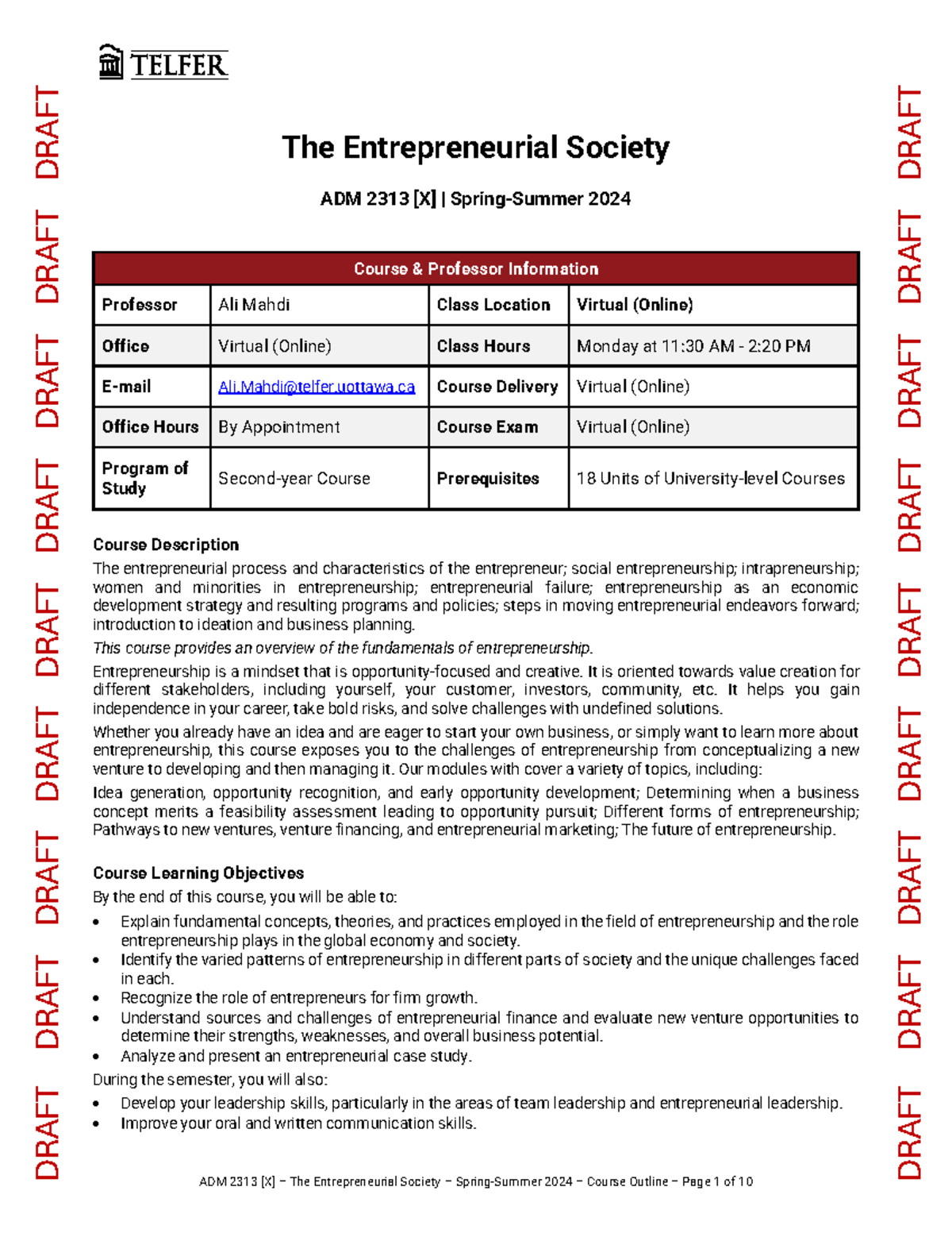 Course Outline - ADM 2313 - Spring-Summer 2024 - DRAFT DRAFT DRAFT ...