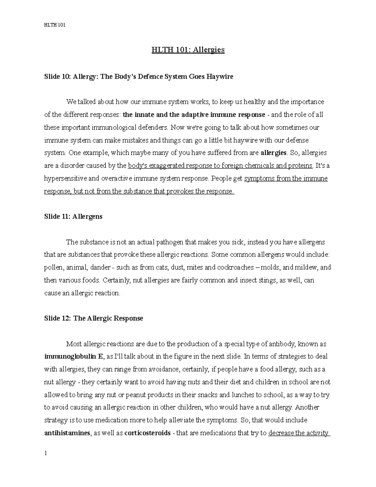 HLTH 101-Week9-Part3b-Transcript - HLTH 101: Allergies Slide 10: Allergy: The Body’s Defence ...