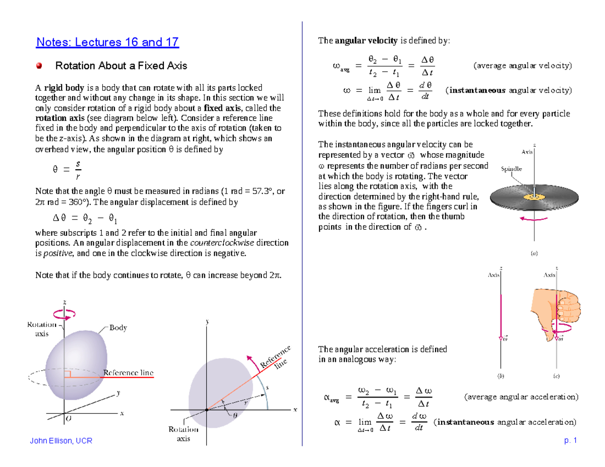 Notes - Lectures 16 and 17 - Notes: Lectures 16 and 17 Rotation About a ...