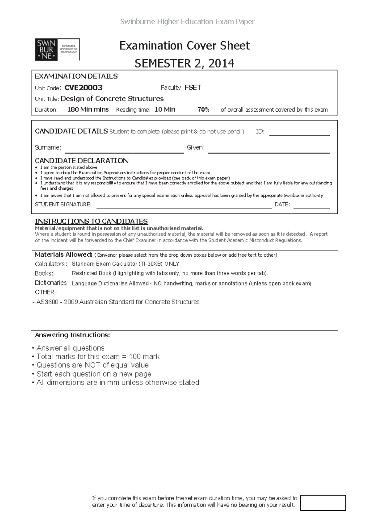 Exam 2014, questions - Swinburne Higher Education Exam Paper If you ...