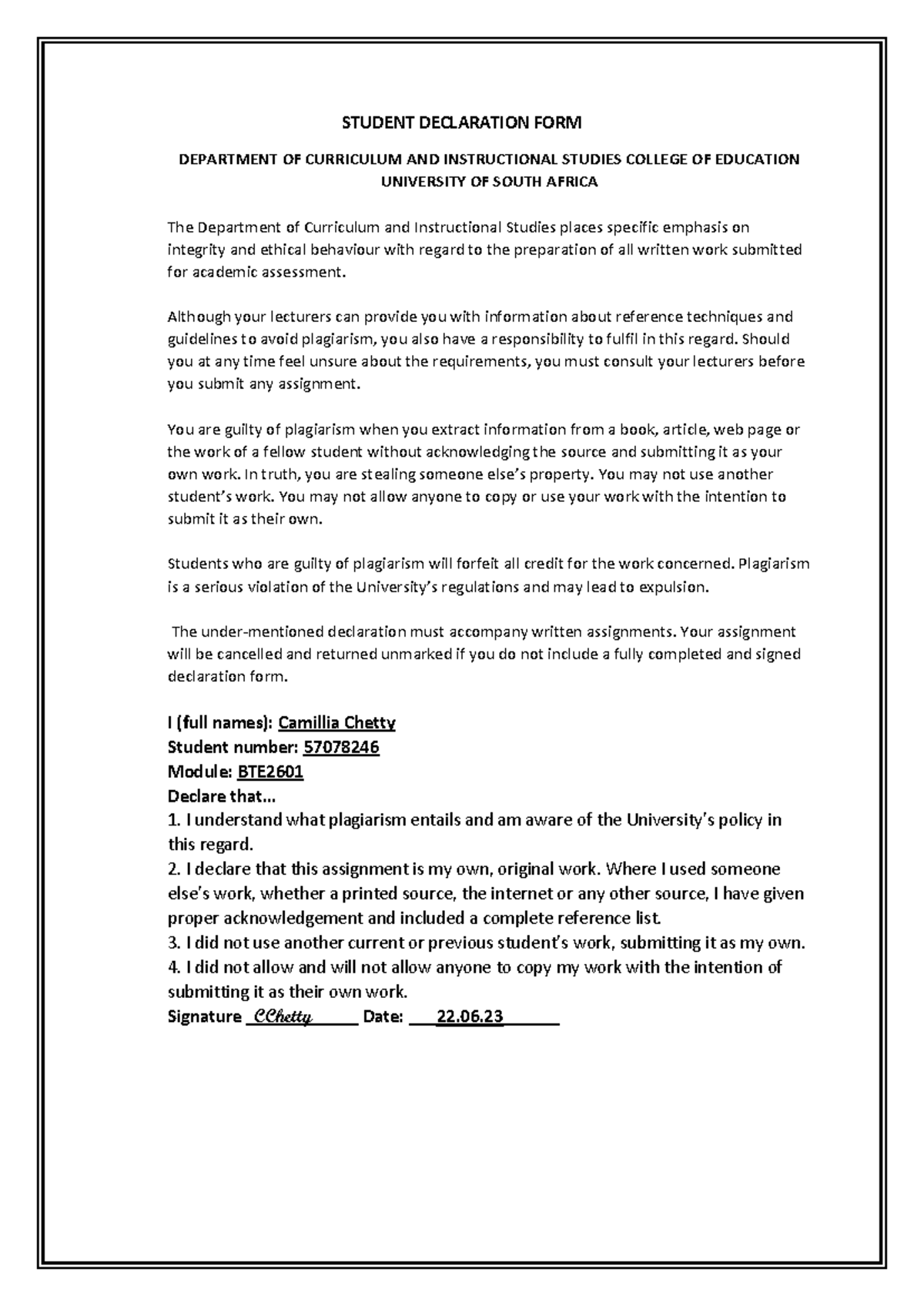 BTE2601 Assignment 2 - BTE - STUDENT DECLARATION FORM DEPARTMENT OF CURRICULUM AND INSTRUCTIONAL ...