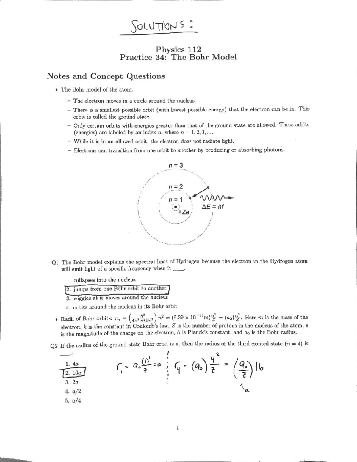 Solutions Practice 33 Bohr Model - PHY 112 - Studocu
