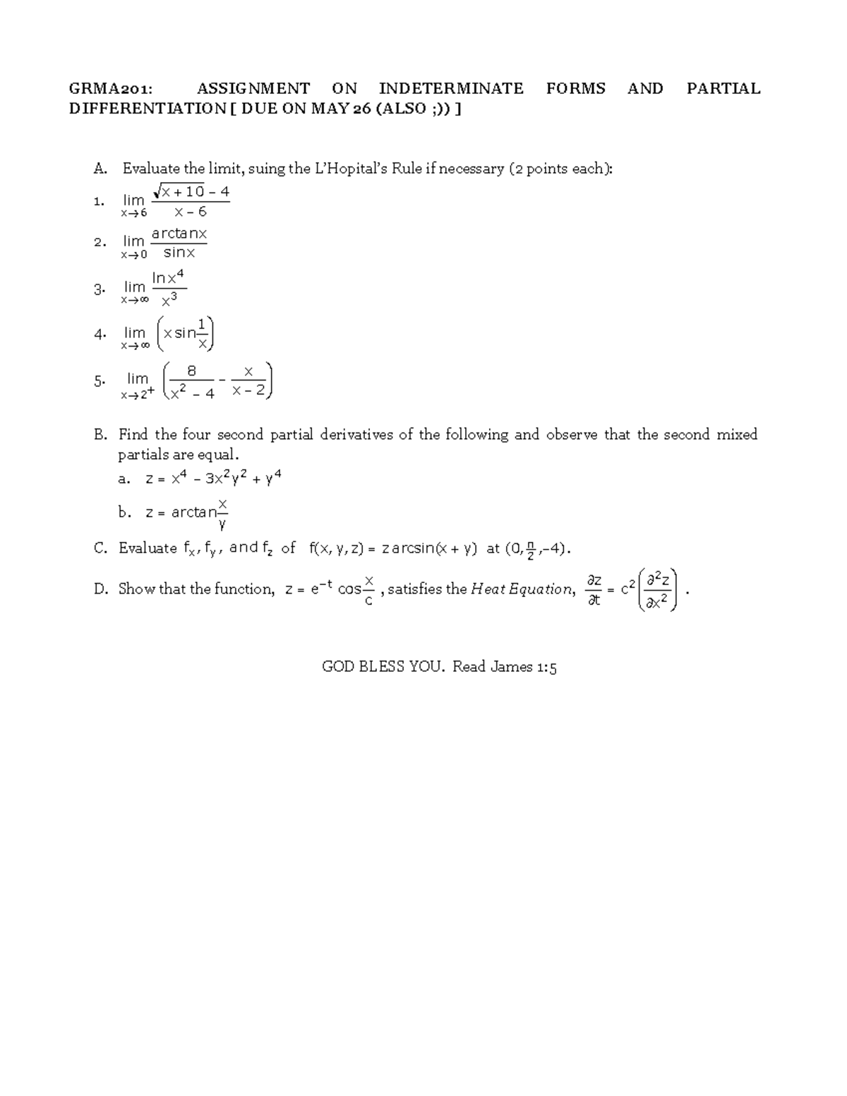 Take Home QUIZ on Indeterminate Forms and Partial Differentiation - GRMA201: ASSIGNMENT ON - Studocu
