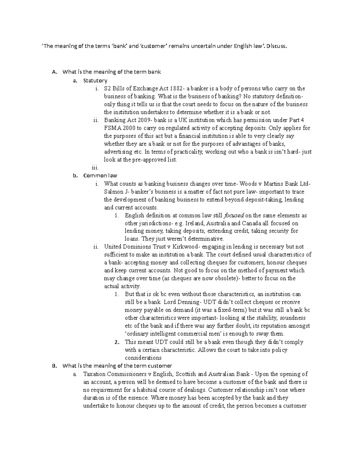 Formative outline - ‘The meaning of the terms ‘bank’ and ‘customer ...