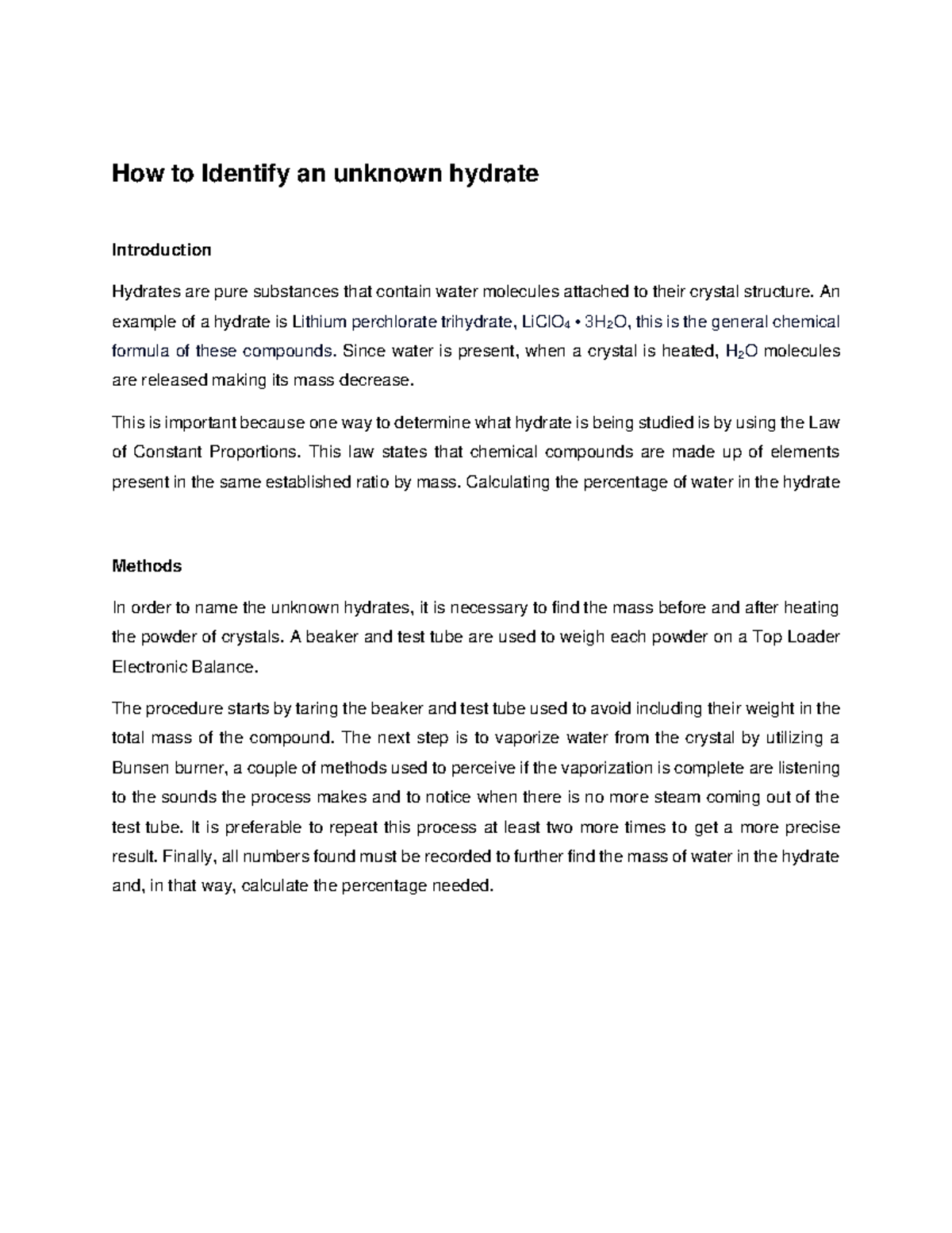 Identifying an Unknown hydrate lab report - How to Identify an unknown ...