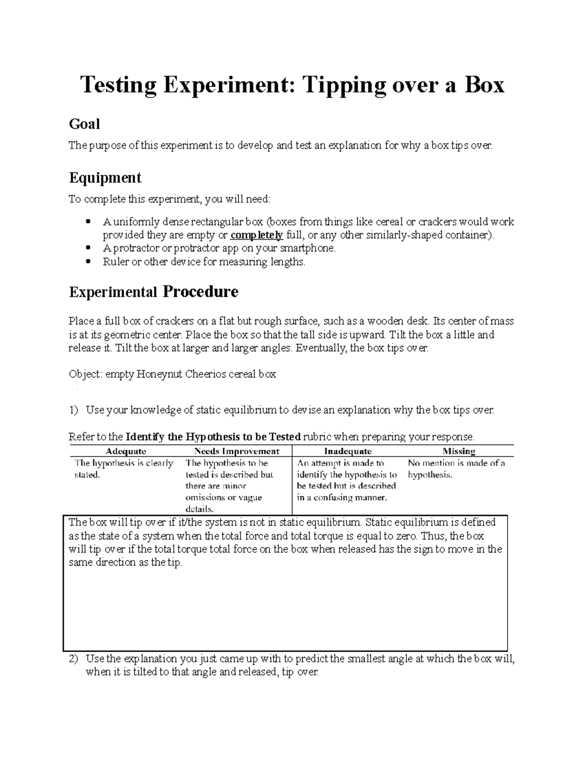 Physics 205 Week 12 Assignment - Testing Experiment: Tipping over a Box ...