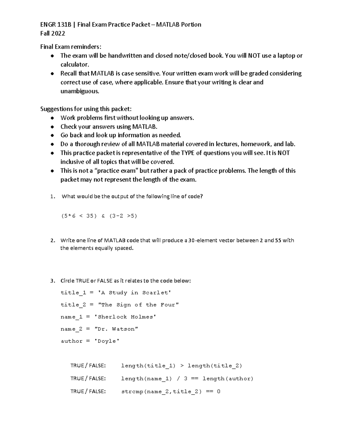 Final Practice Packet FA22 - Fall 2022 Final Exam reminders: The exam ...