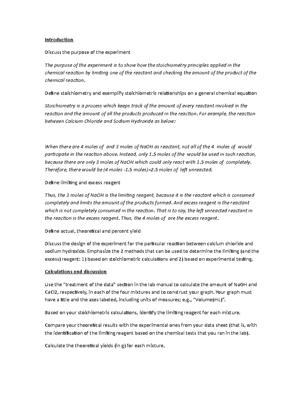 Lab 4 stoichiometry and limiting reagents - Introduction Discuss the ...