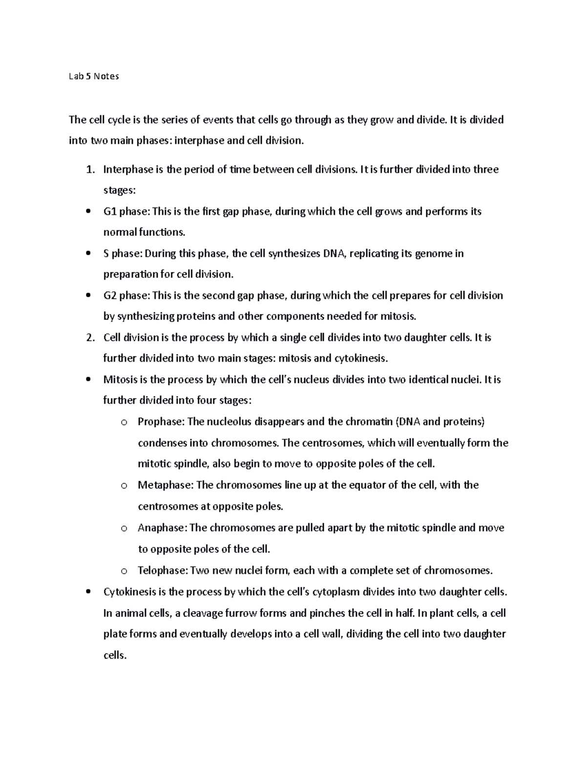 Lab 5 Notes - Lab 5 Notes The cell cycle is the series of events that ...