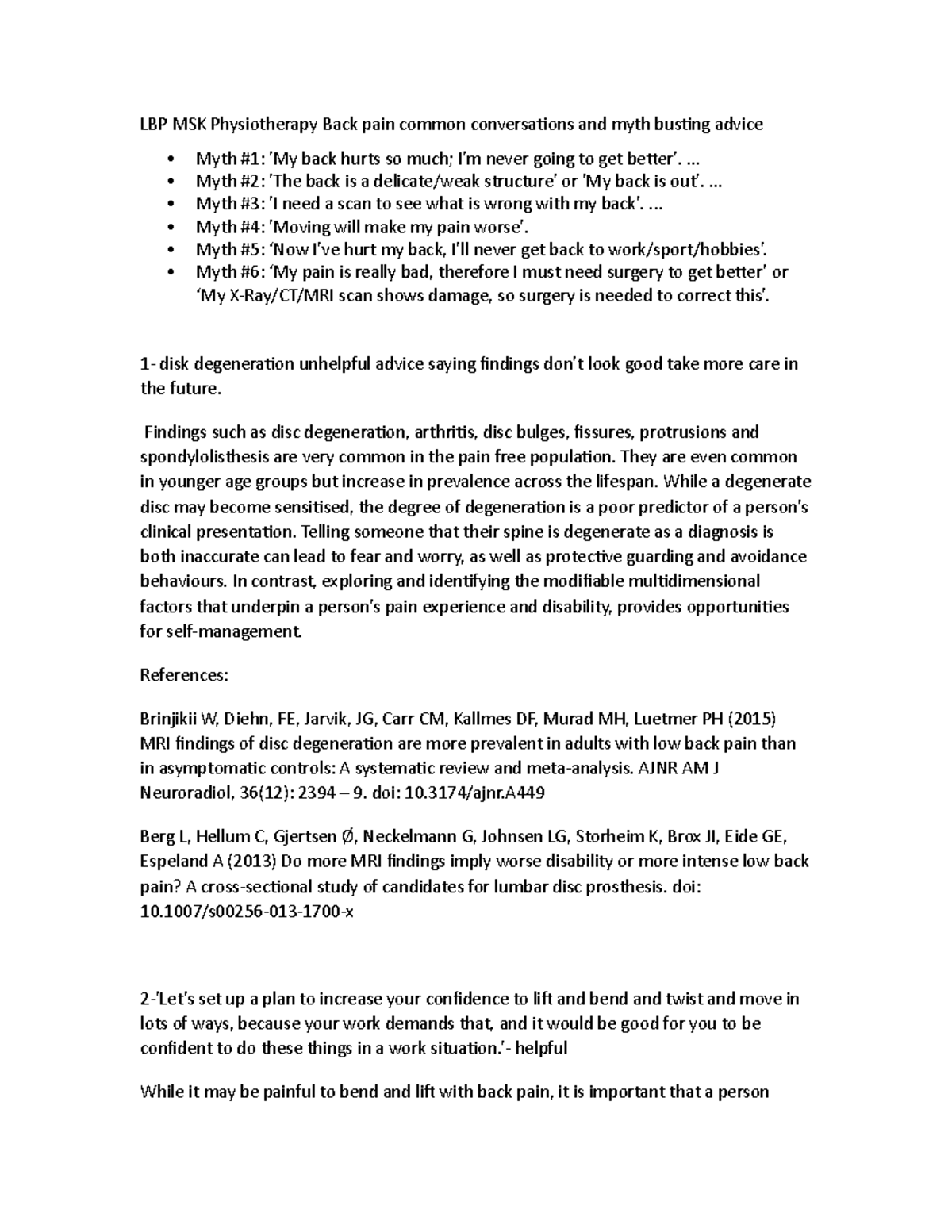 LBP MSK Physiotherapy Back pain common conversations and myths and myth ...