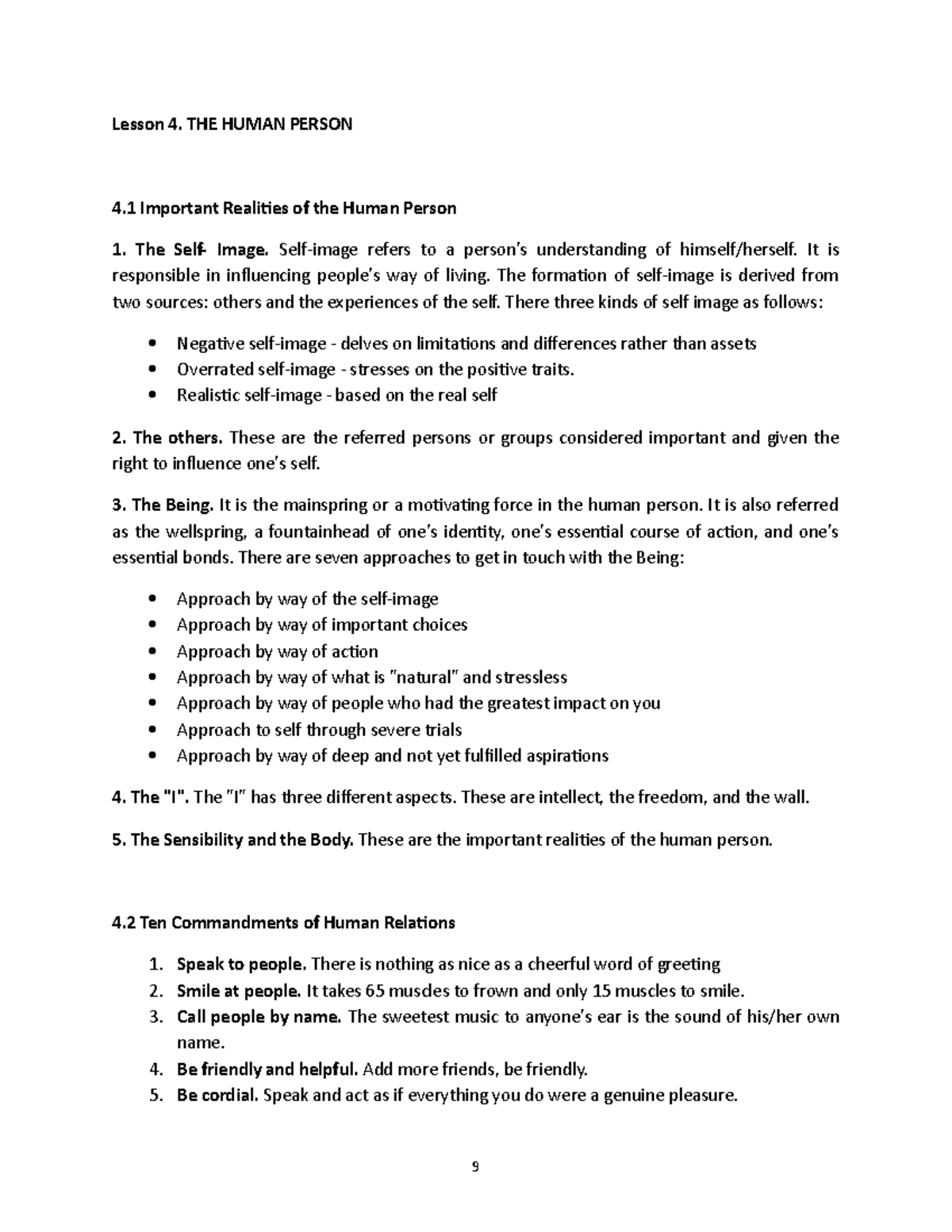 SELF- Awareness 2 - Lesson 4. THE HUMAN PERSON 4 Important Realities of ...