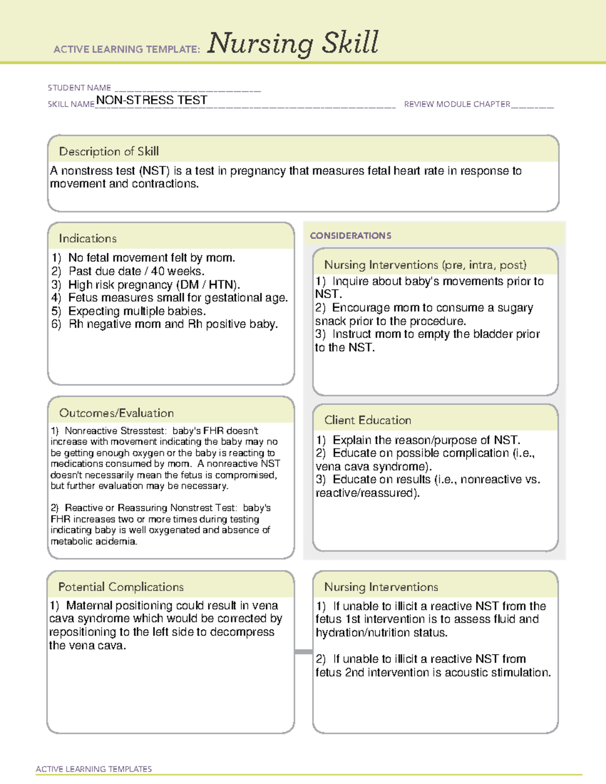 Active Learning Nursing Skill Template - Nonstress Test Active Learning ...
