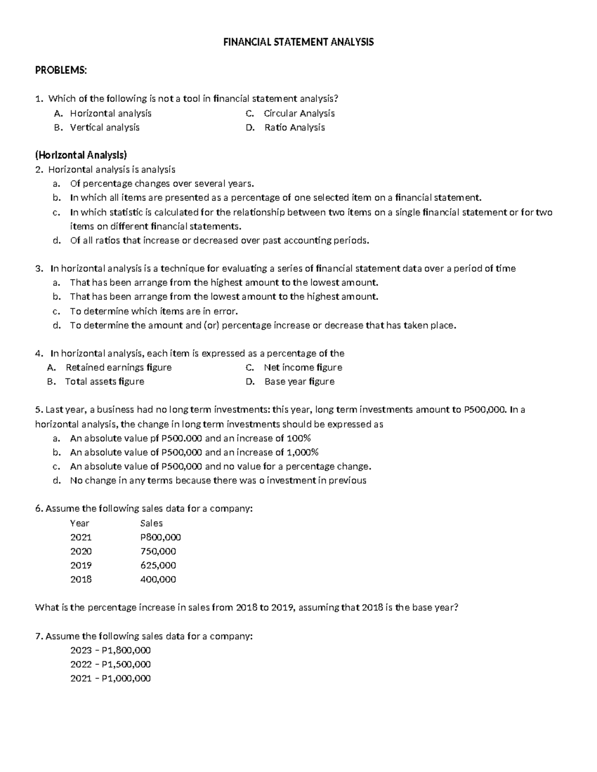 FS-Analysis-Problems - FINANCIAL STATEMENT ANALYSIS PROBLEMS: Which of ...