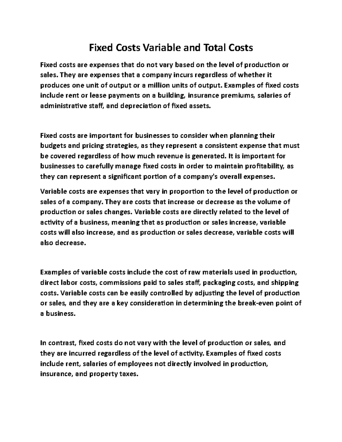 Fixed Costs Variable and Total Costs - They are expenses that a company ...