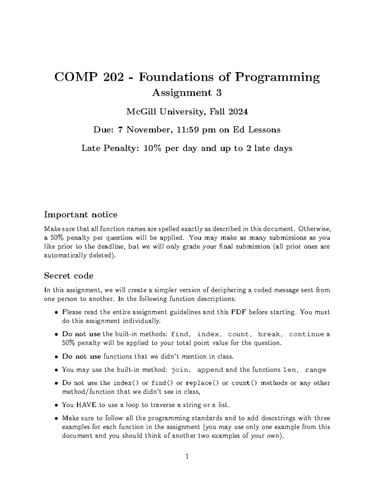 COMP202 Fall 24 A3 - Comp a3 - COMP 202 - Foundations of Programming Assignment 3 McGill ...