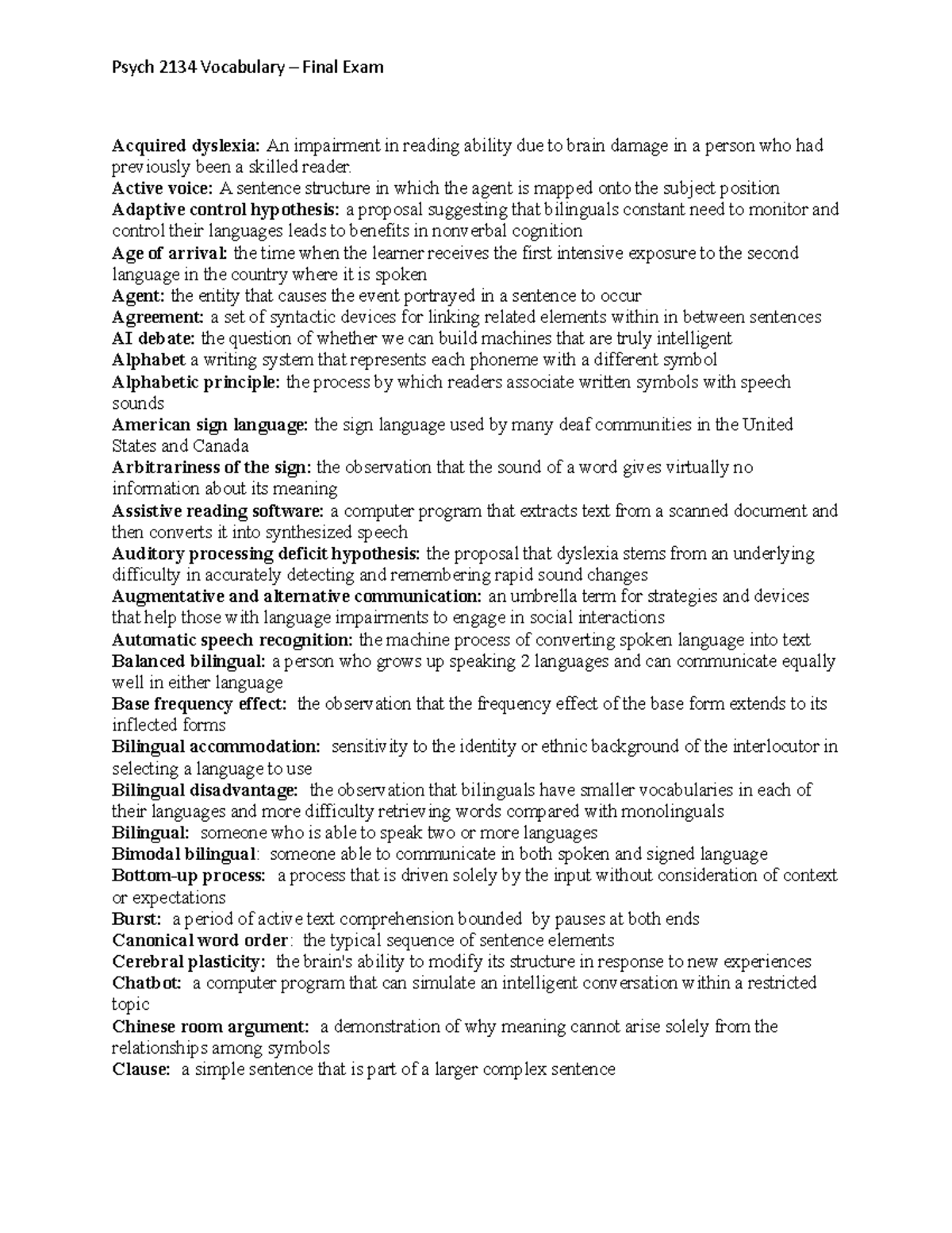 Psych 2134 final exam- vocabulary list - Psychology 2134A/B - UWO - Studocu