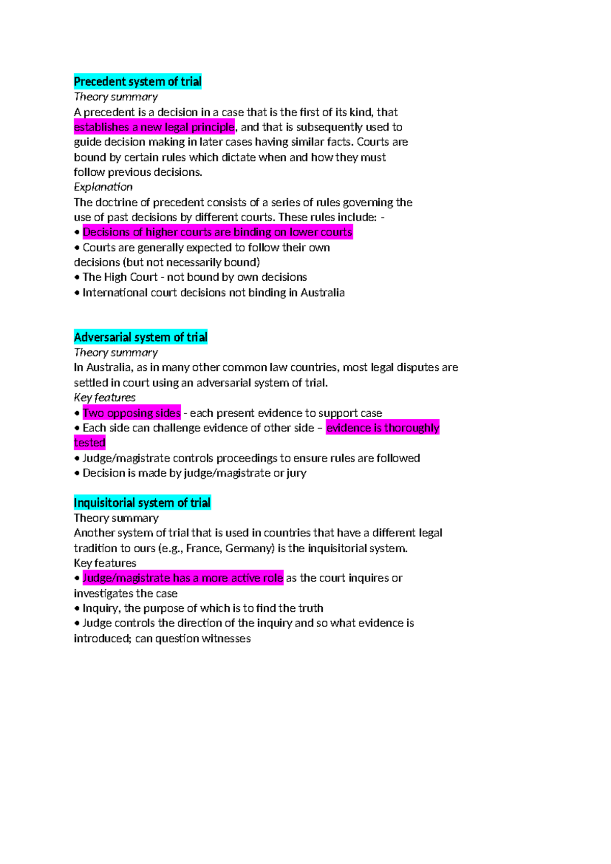 Legal - Types of Trial - Precedent system of trial Theory summary A ...