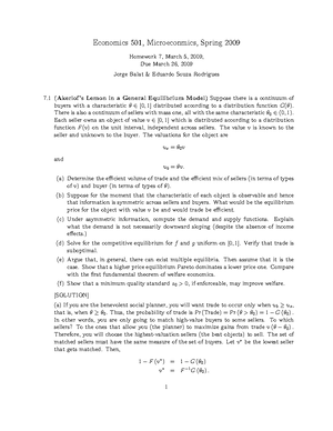 Seminar assignments - Homework 9 solutions - Economics 501, Microeconmics, Spring 2009 Homework ...