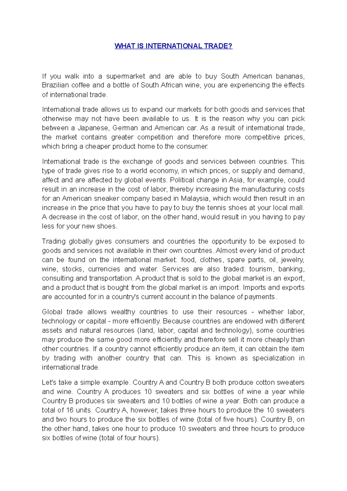 WHAT IS International Trade - reading comprehension - WHAT IS ...