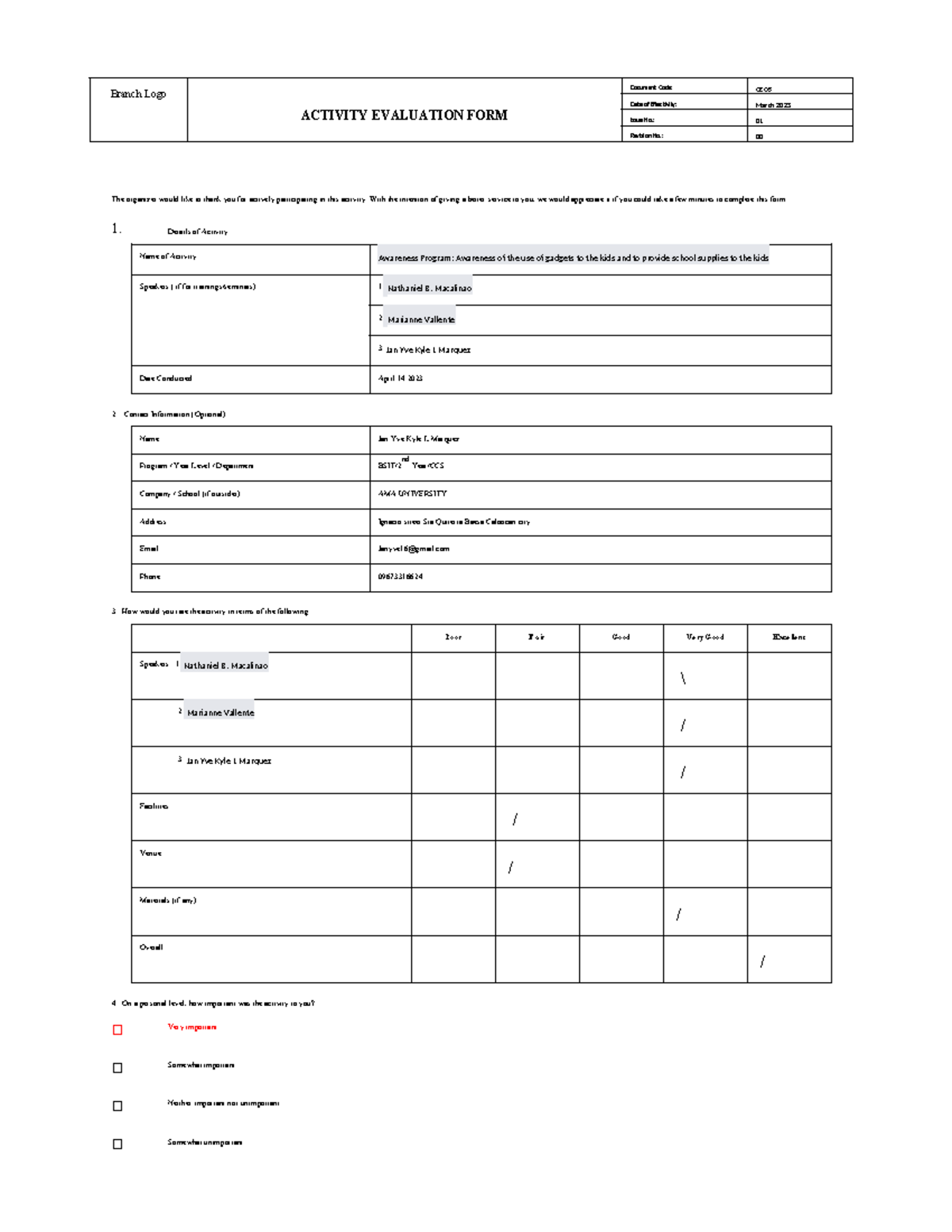 Activity-form - Branch Logo ACTIVITY EVALUATION FORM Document Code ...