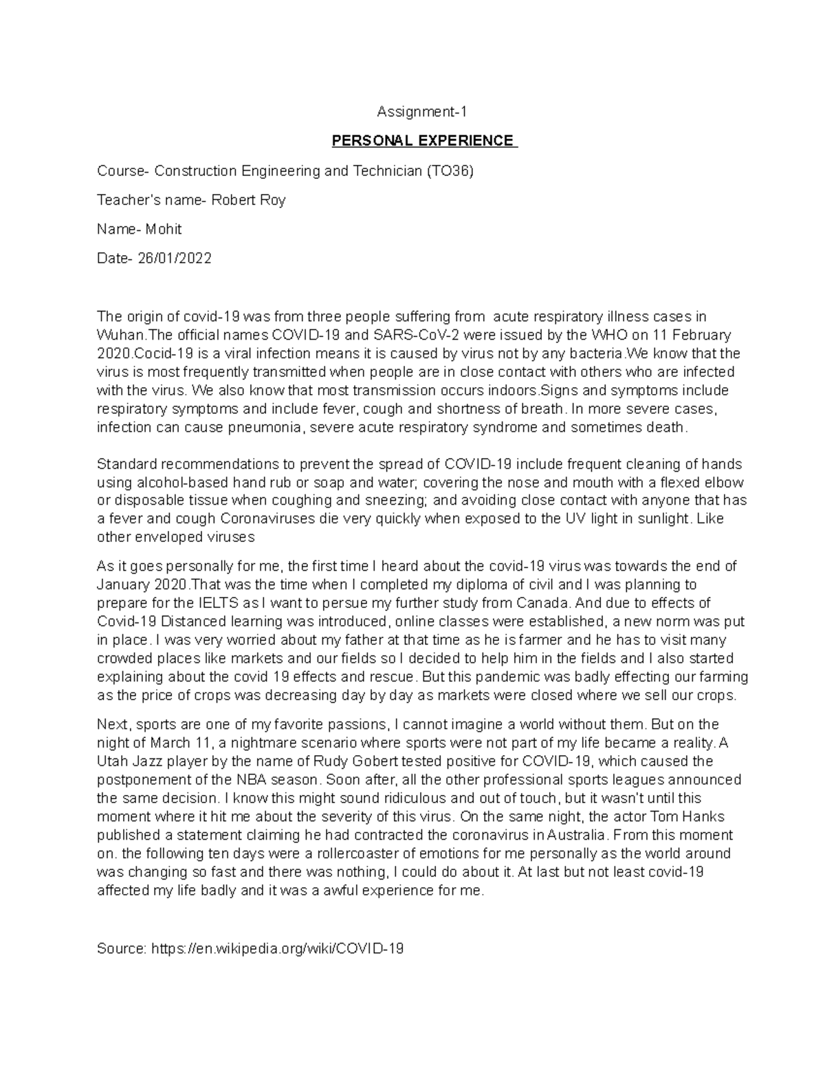 Assignment#1-Personal Experience - Assignment- PERSONAL EXPERIENCE ...