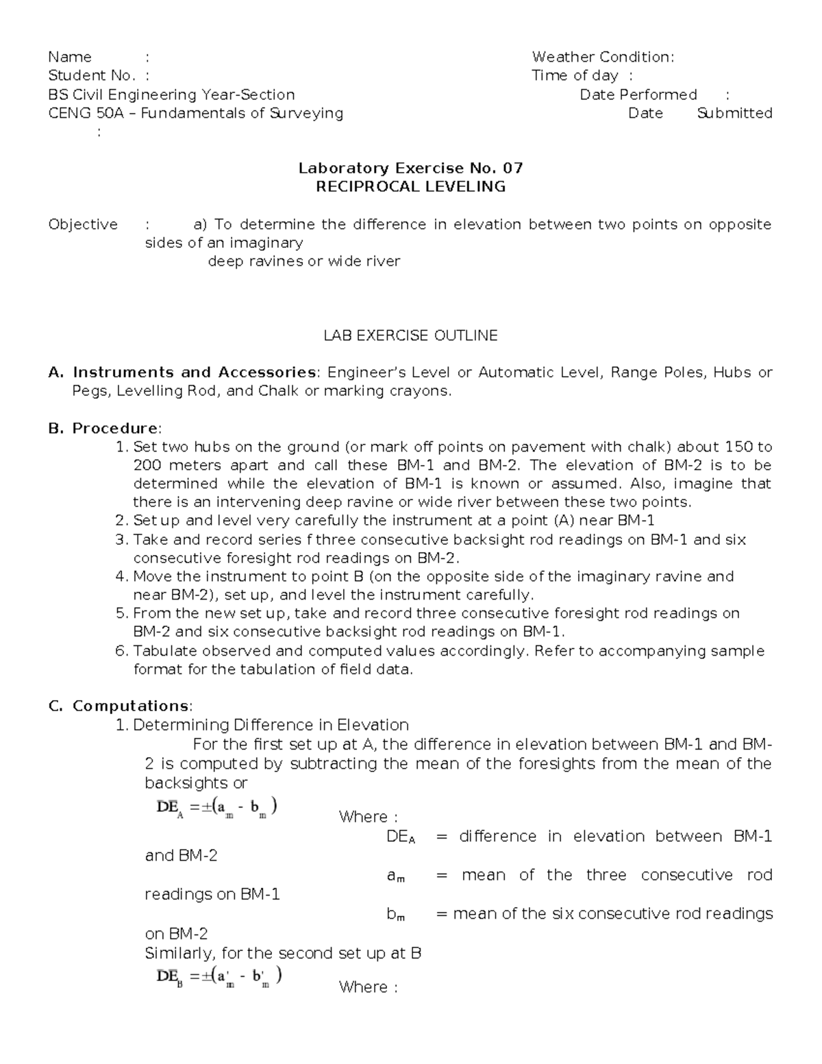 CENG-50A-Lab Exercise 07 - Name : Weather Condition: Student No. : Time ...