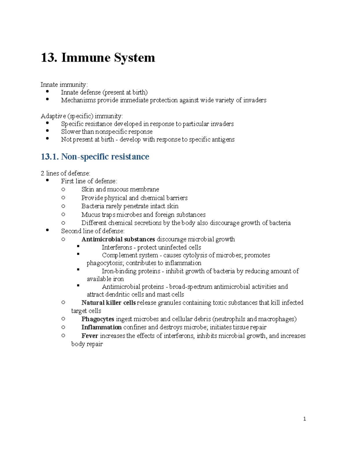 13. Immune System - Lecture notes 2 - 13. Immune System Innate immunity ...