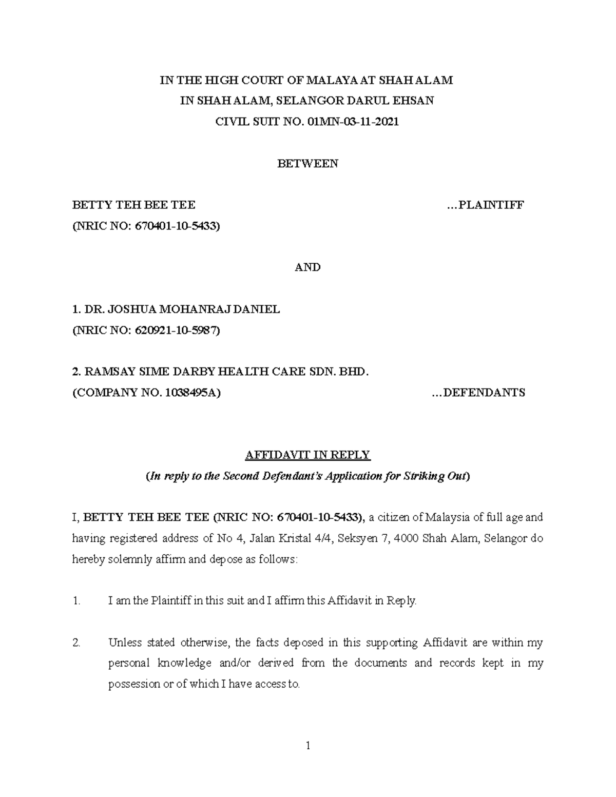 Affidavit in Reply - IN THE HIGH COURT OF MALAYA AT SHAH ALAM IN SHAH ...
