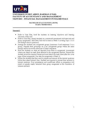 Tutorial Questions FMF (Tutorial 1 - 3) - UKFF1023 FINANCIAL MANAGEMENT ...