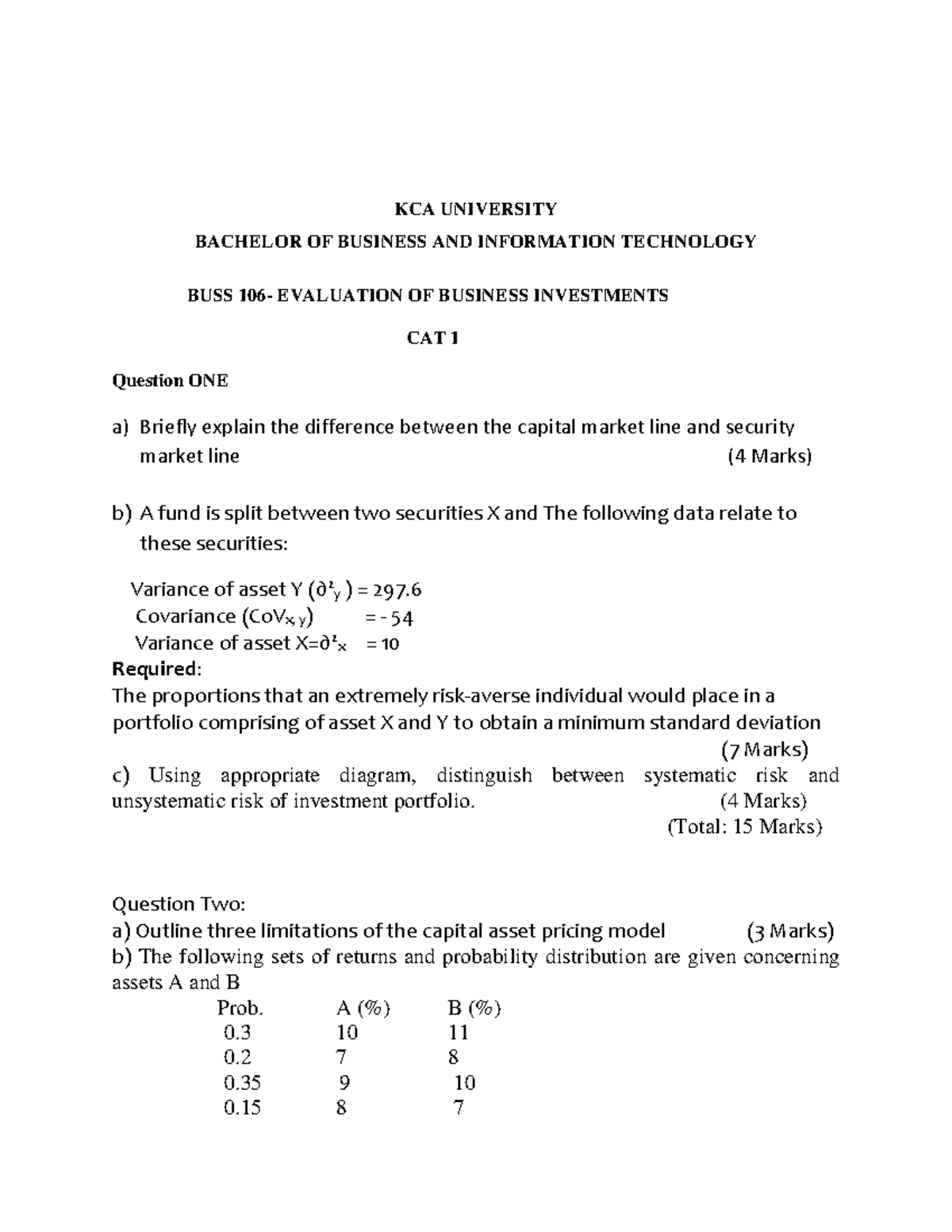 CAT 1- Evaluation OF Business Investments - KCA UNIVERSITY BACHELOR OF ...