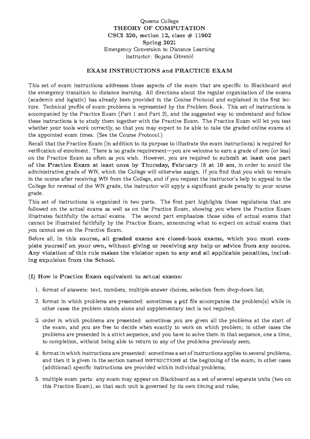 (CS320 OBRENIC) Exam Instructions - Queens College THEORY OF ...