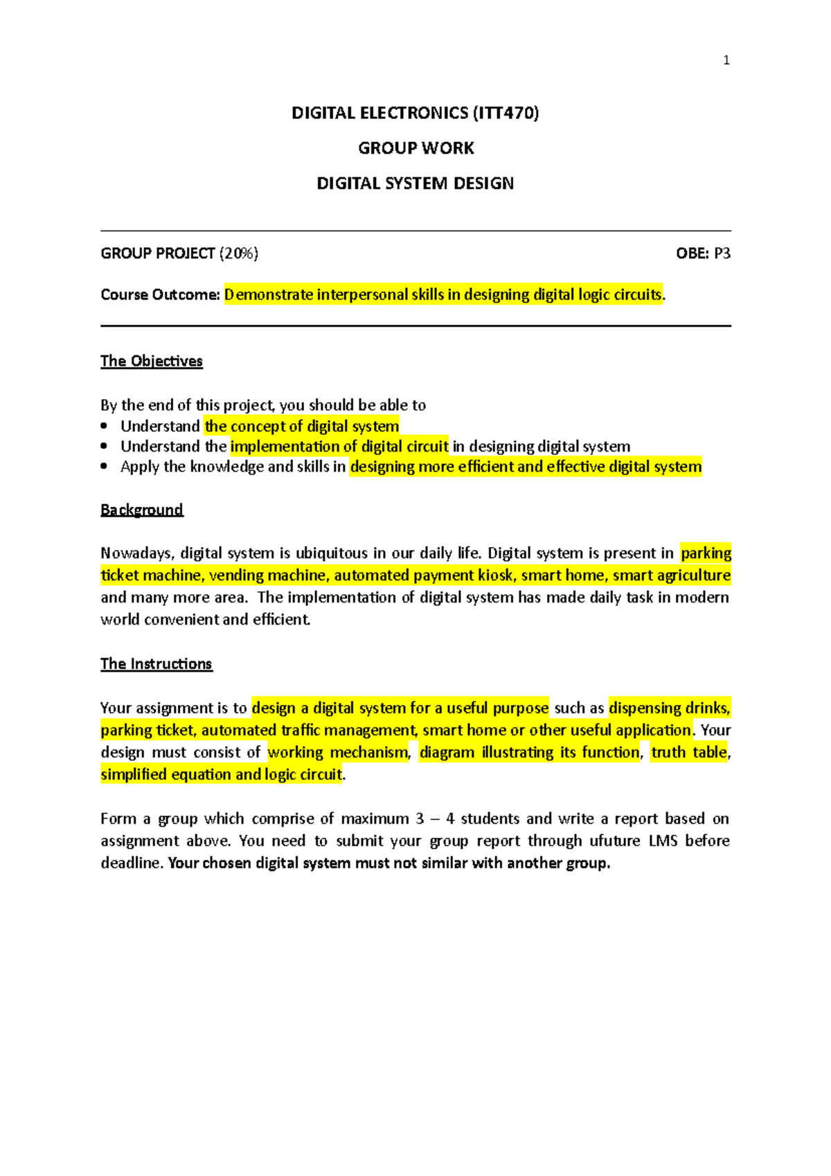 Group Work Assignment ITT470 April 2021 - DIGITAL ELECTRONICS (ITT470 ...