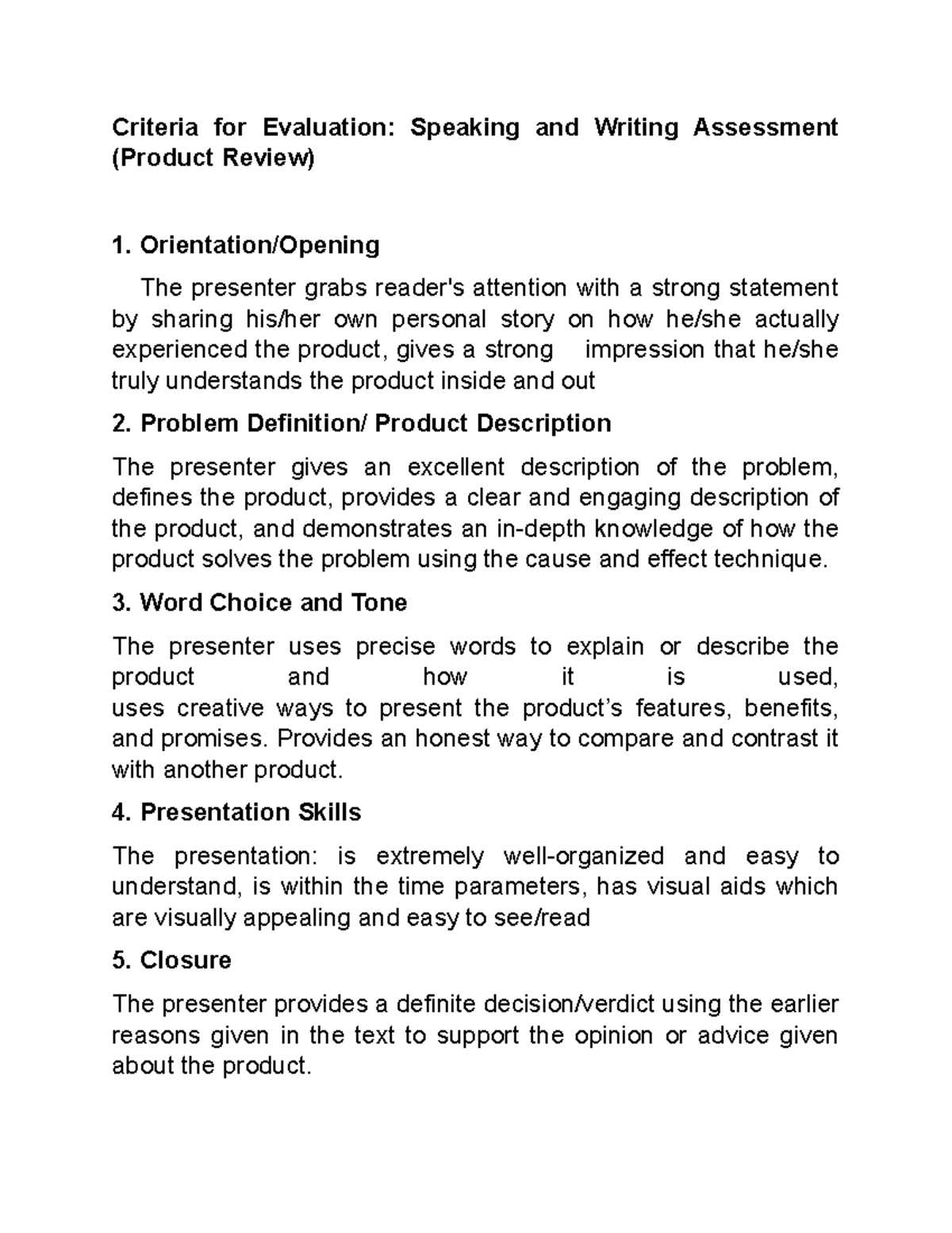Criteria for Evaluation Writing and Speaking Assessment (Product Review ...