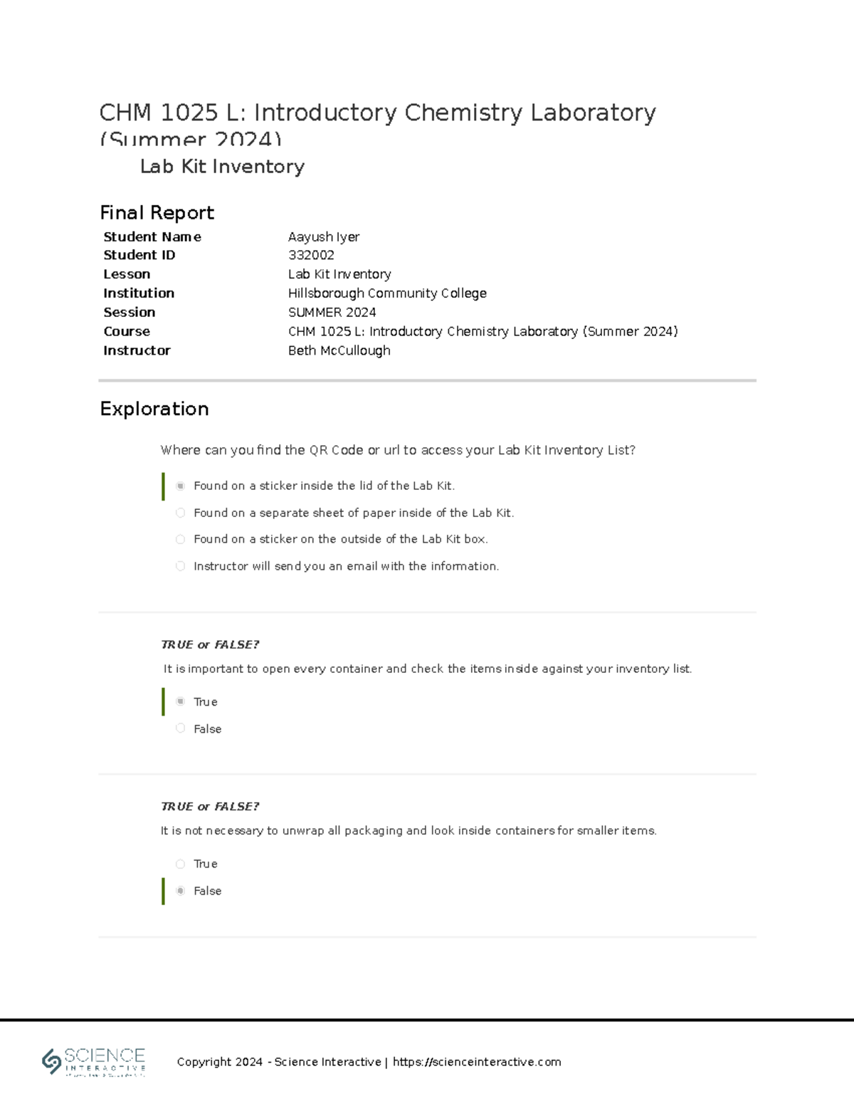 LEL3 Lab Kit Inventory Assignment- Aayush Iyer - Student Name Aayush ...
