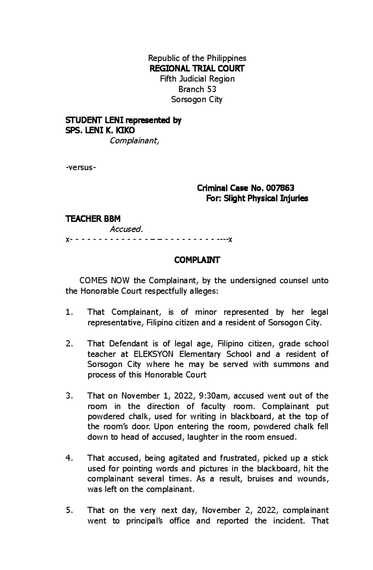 Civil Complaint Form Republic Of The Philippines REGIONAL TRIAL