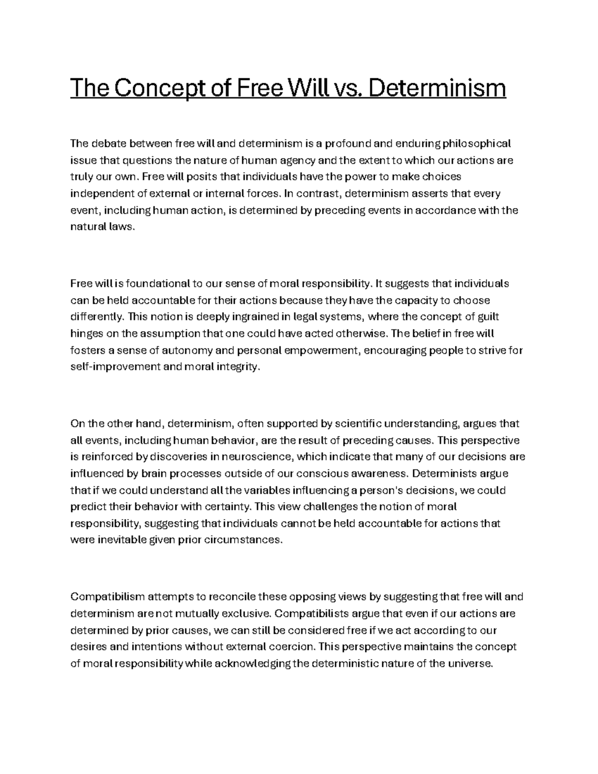 Document 4 - Course topic summary - The Concept of Free Will vs ...