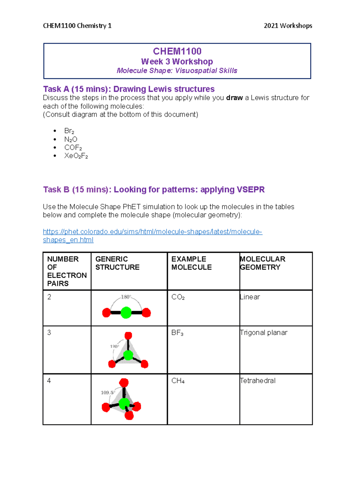 Workshop 3 worksheet - CHEM1100 Chemistry 1 2021 Workshops Task A (15 ...