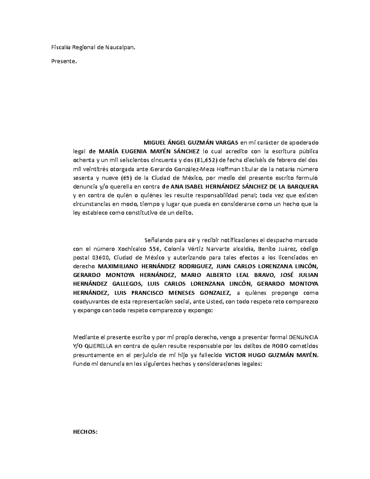 Demanda - XCVBNM, - Fiscalía Regional de Naucalpan. Presente. MIGUEL ...