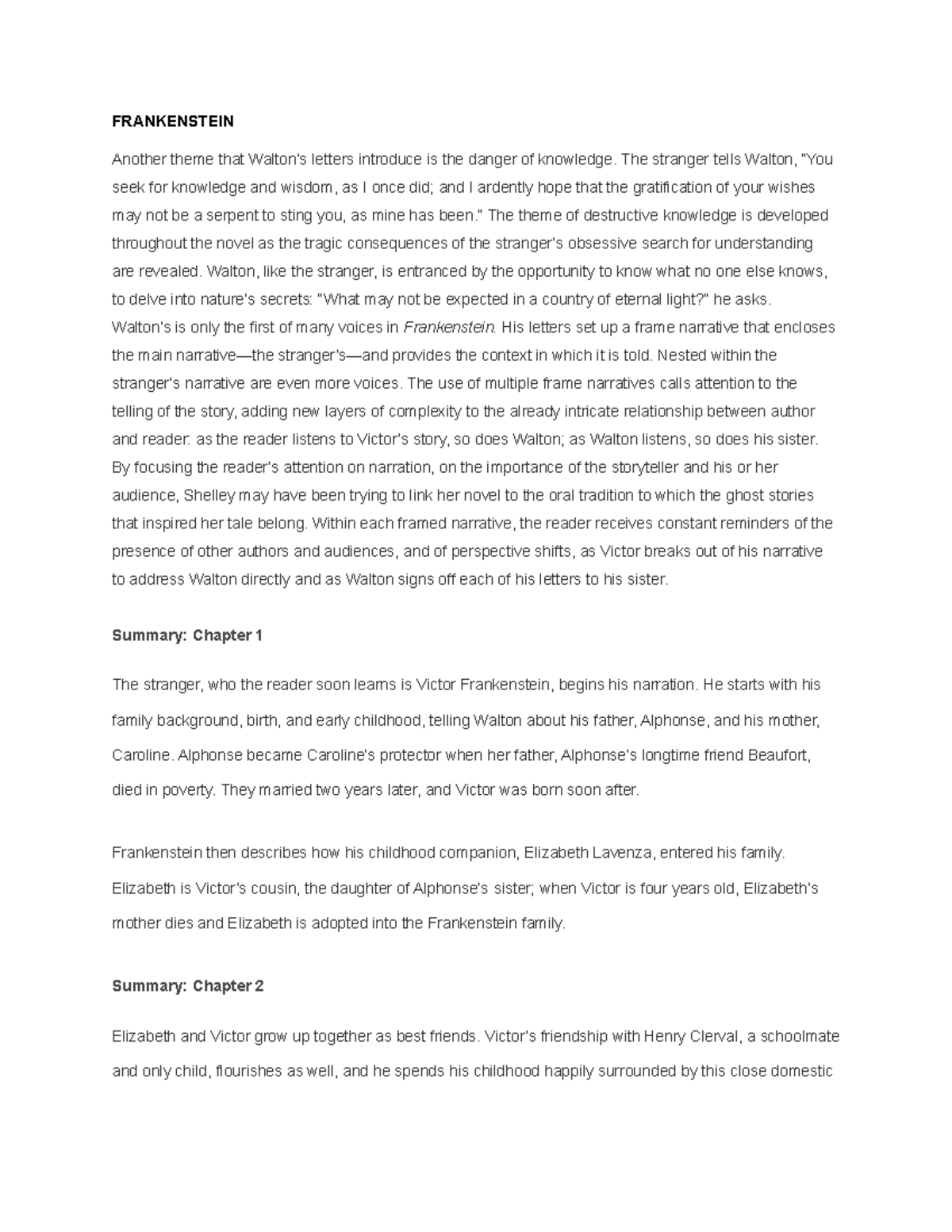 Frankenstein riassunto - FRANKENSTEIN Another theme that Walton’s ...
