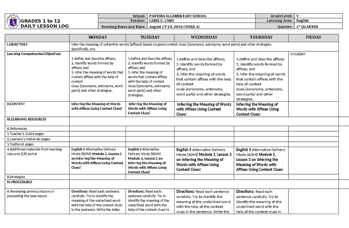 English 5 Quarter 1 Week 4 - GRADES 1 to 12 DAILY LESSON LOG School ...