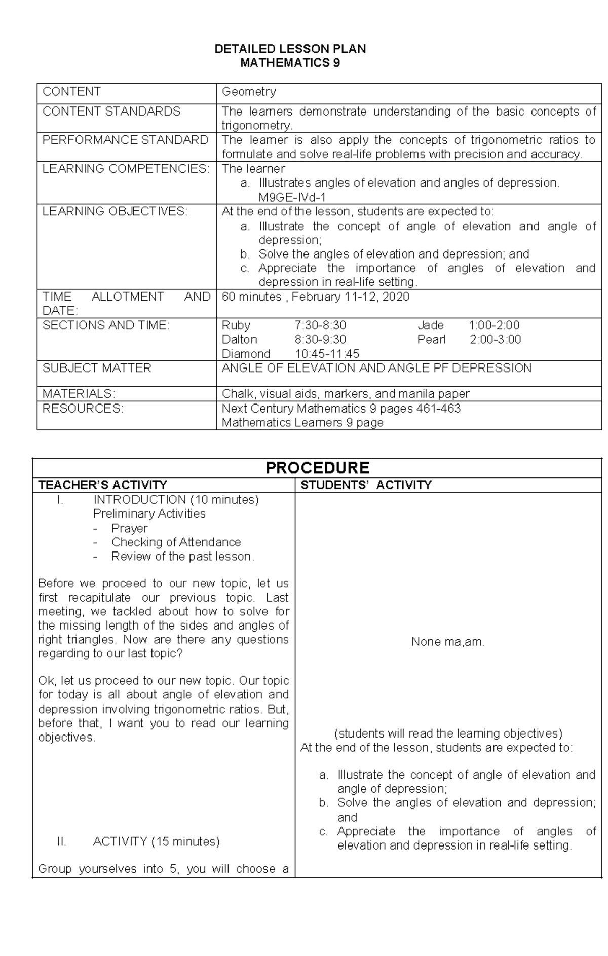 DLP angle of elevation - DETAILED LESSON PLAN MATHEMATICS 9 CONTENT ...