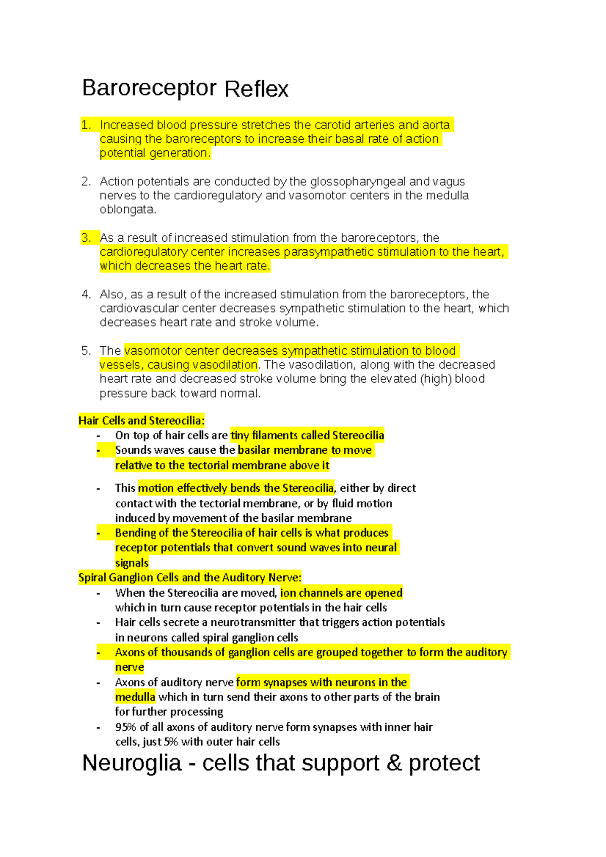 Baroreceptor Reflex Hair Cells and Stereocilia Neuroglia Cells ...
