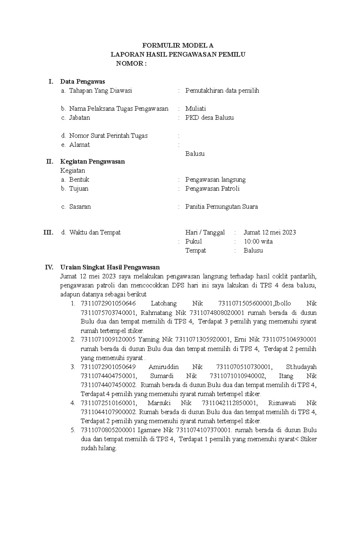 Pengawasan Patroli Balusu 12-5-2023 - FORMULIR MODEL A LAPORAN HASIL PENGAWASAN PEMILU NOMOR : I ...