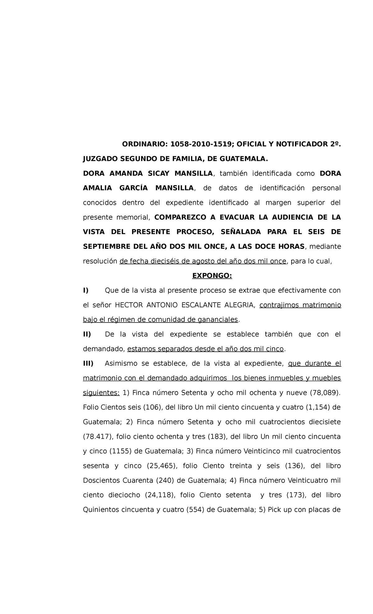 Alegato DE LA Vista. Ordinario DE Gananciales. Doña Dora Sicay Mansilla ...
