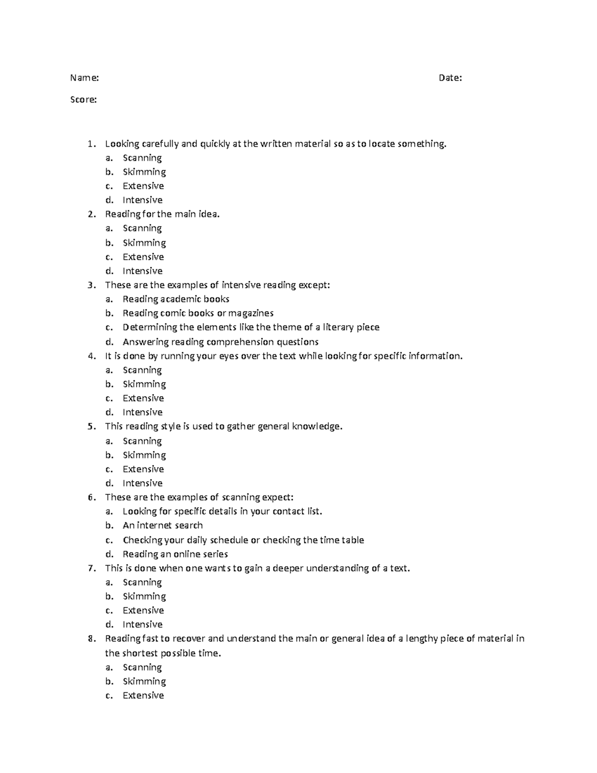 Grade 7 quiz Student - okey - Name: Date: Score: 1. Looking carefully ...