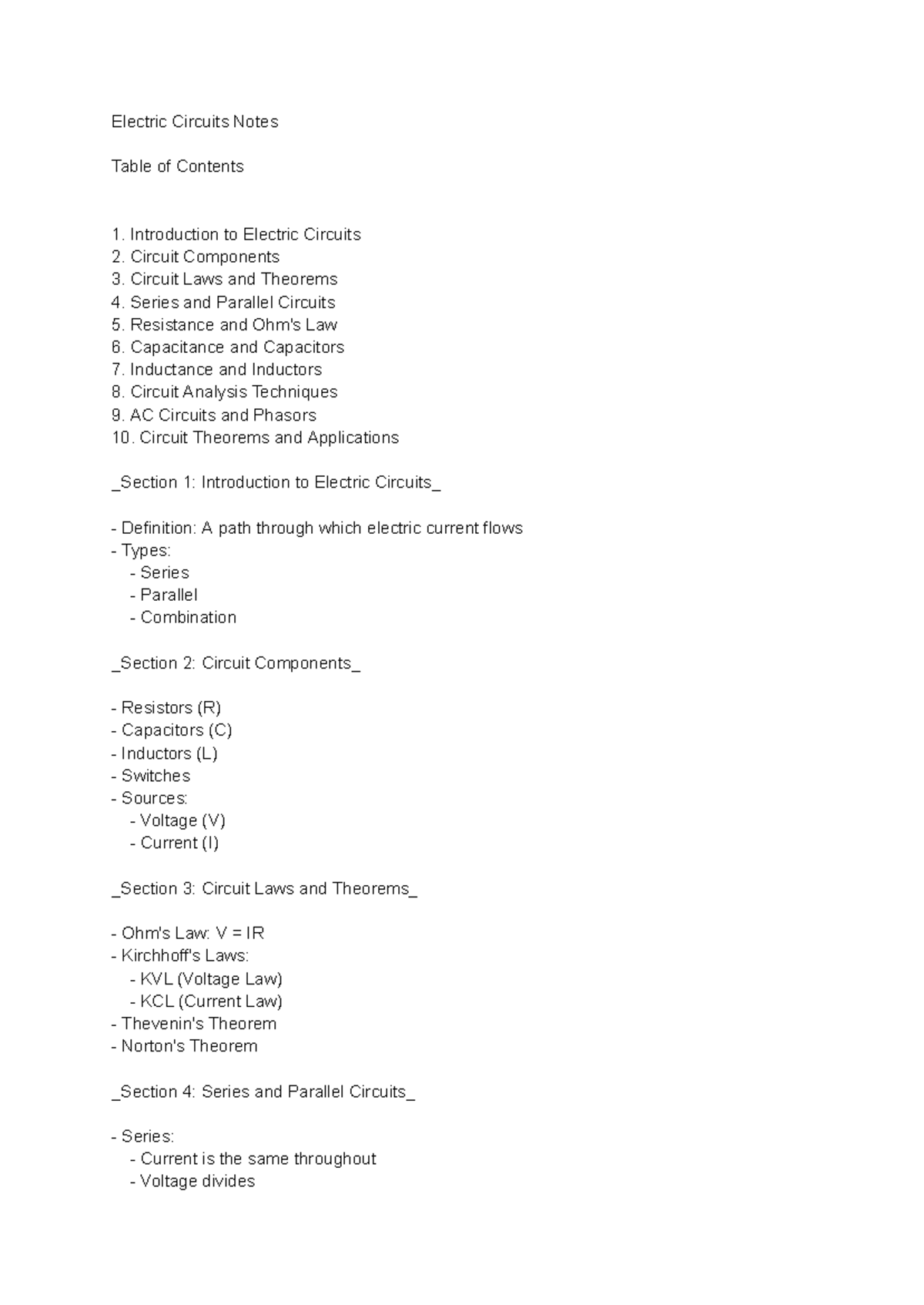 Electrical Circuit Notes - Electric Circuits Notes Table of Contents ...