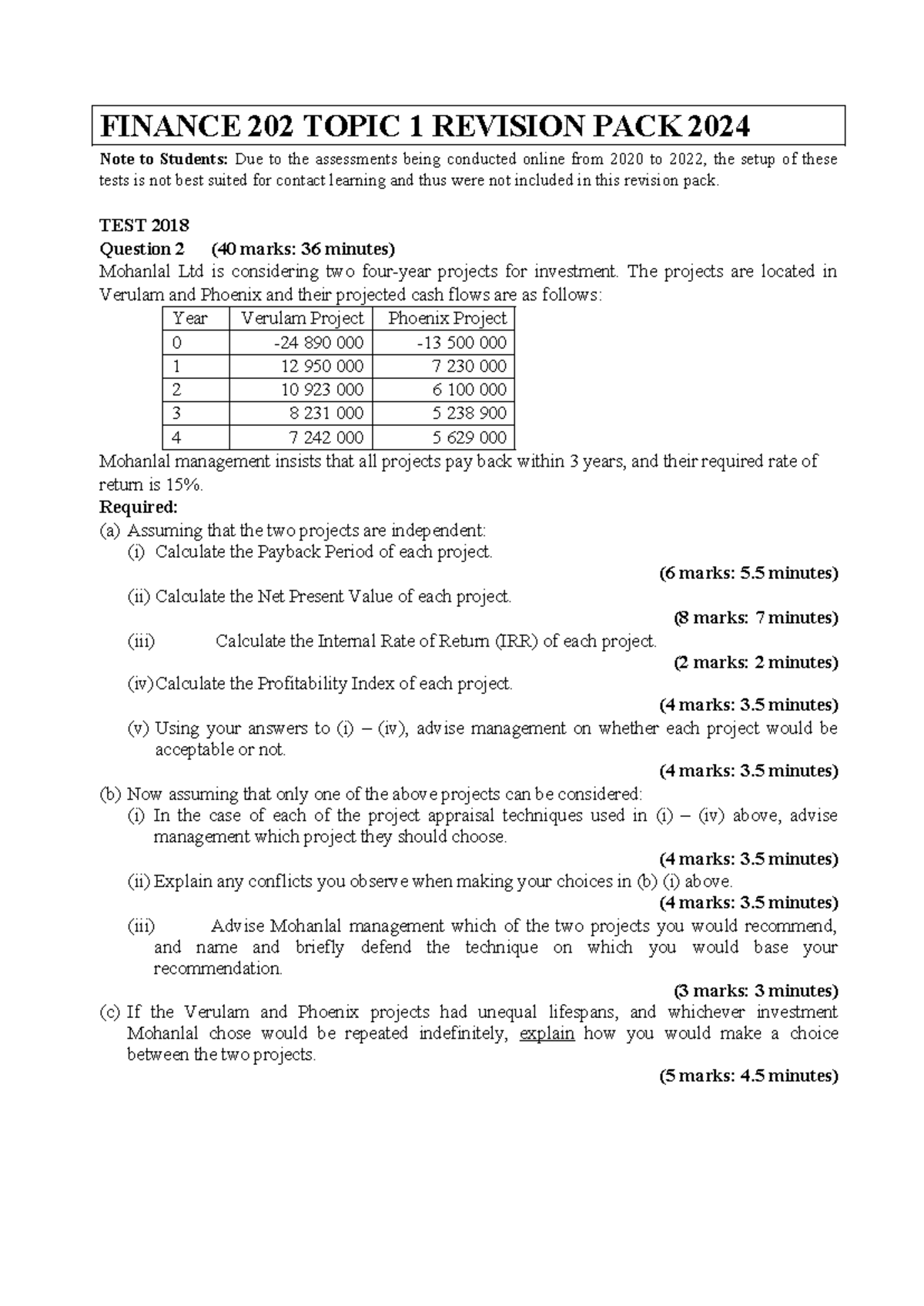 FINA202 Topic 1 Revision pack 2024 - FINANCE 202 TOPIC 1 REVISION PACK 2024 Note to Students ...